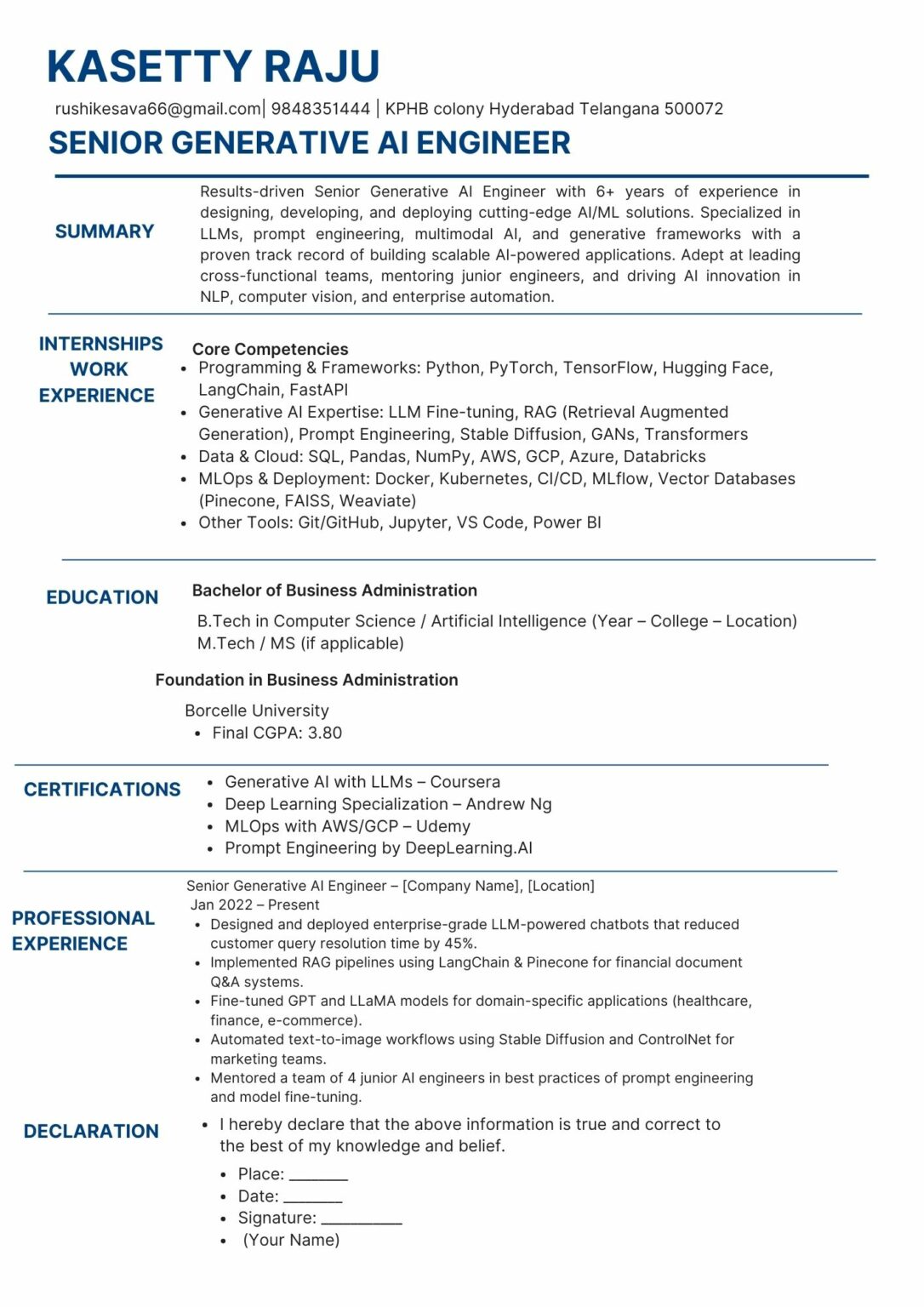 Top Generative AI Engineer Resume -Examples Guide for 2025