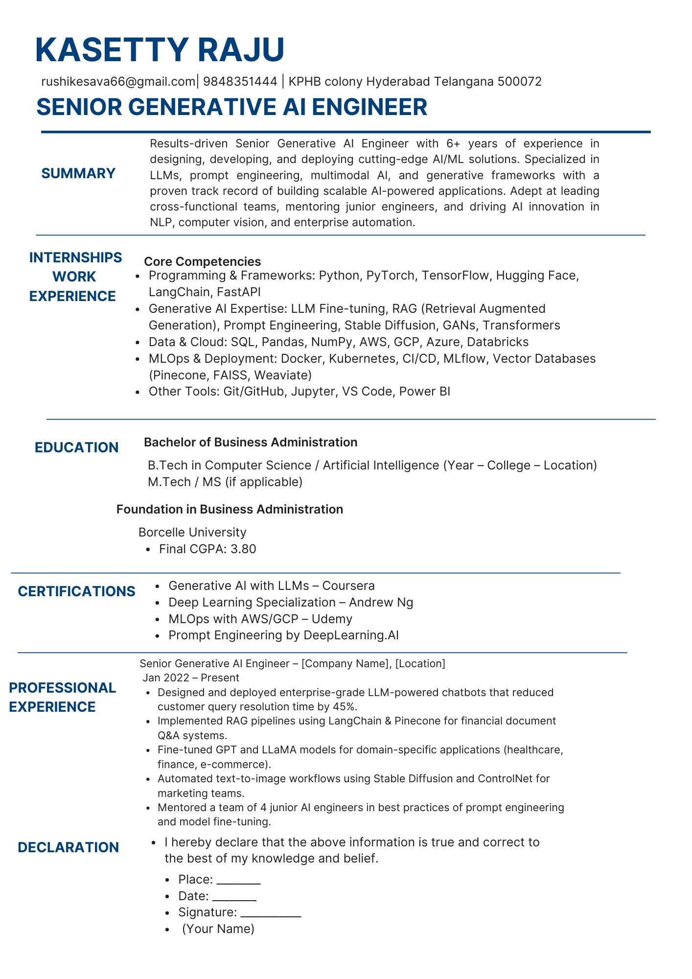 Top Generative AI Engineer Resume -Examples Guide for 2025